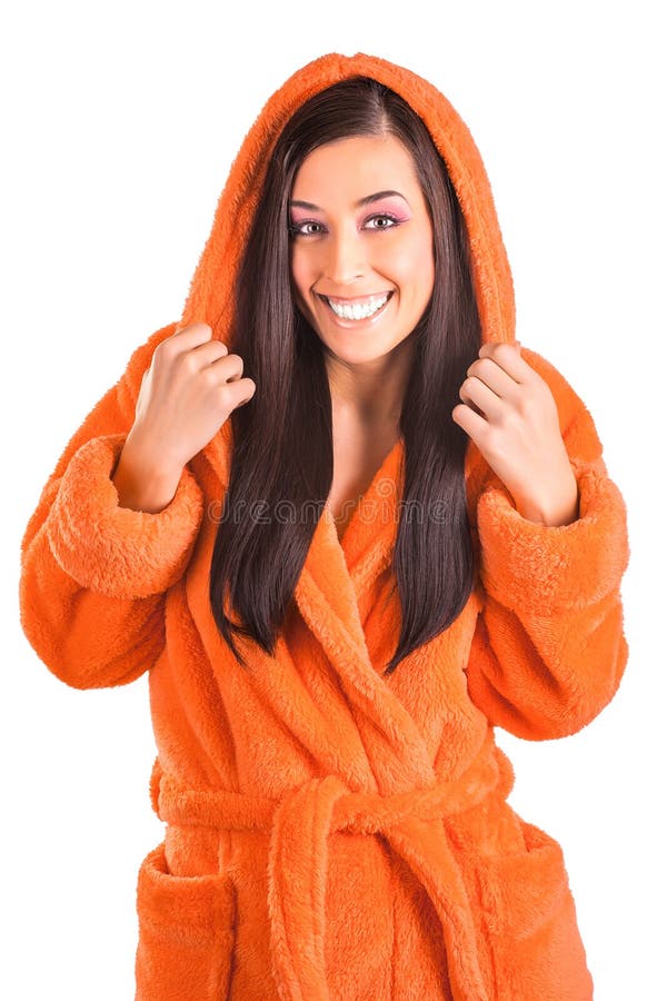 Cute Brunette in an Orange Bathrobe Stock Photo - Image of girl ...