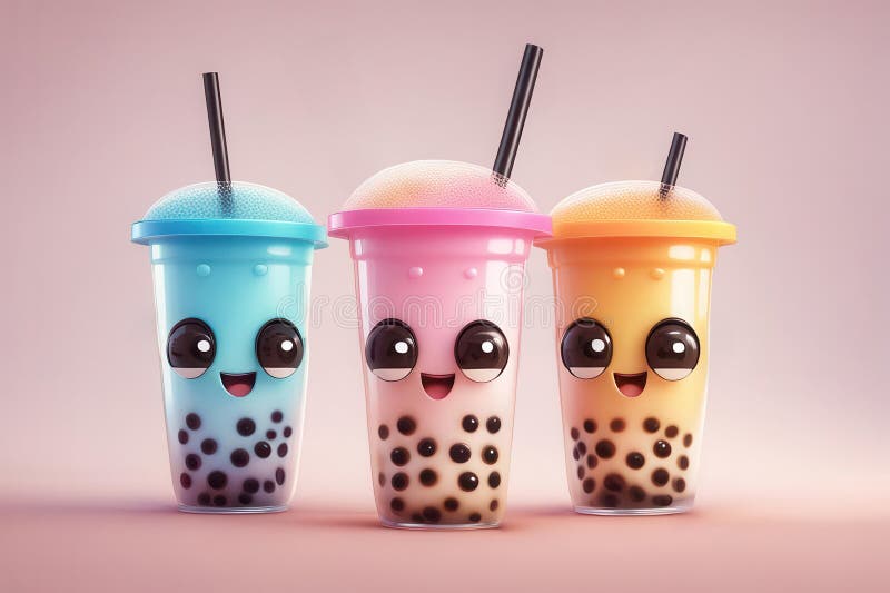 Cute Bubble Tea Cups with Smiling Faces and Colorful Lids on a Pink ...