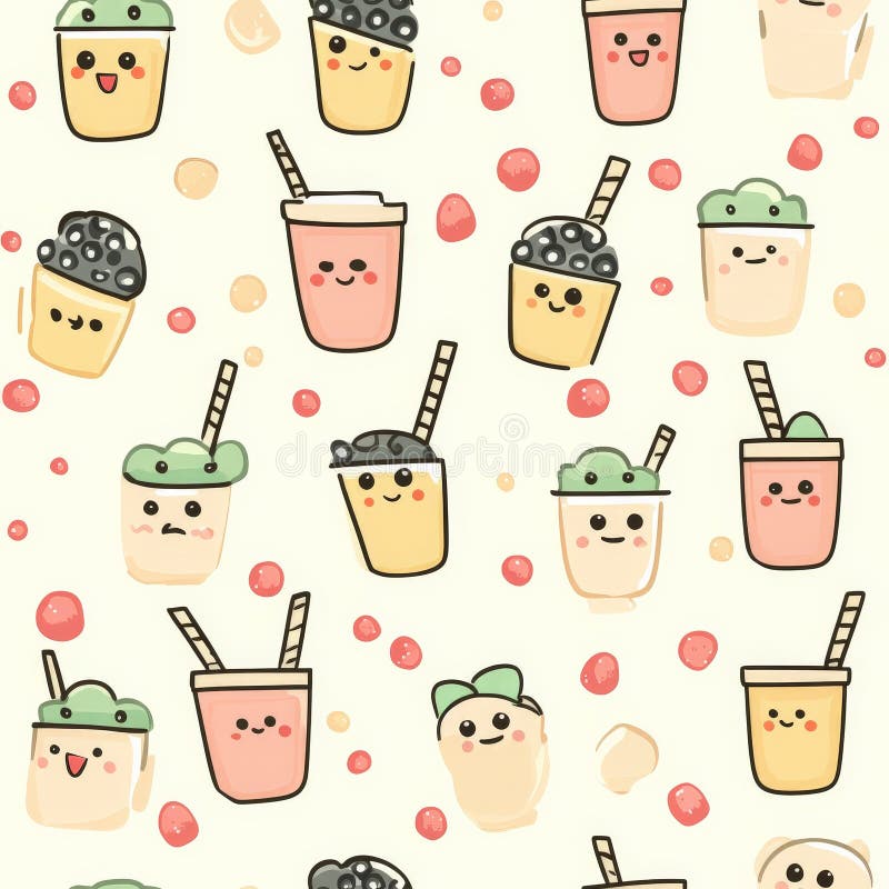 A Cute Bubble Tea Pattern Featuring Tiny Boba Cups with Happy ...