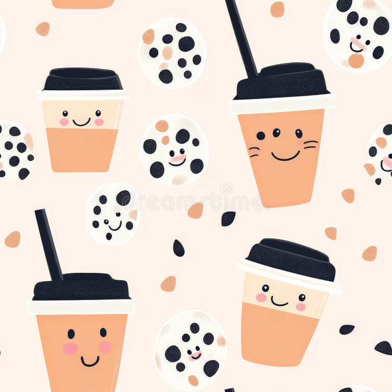 A Cute Bubble Tea Pattern Featuring Tiny Boba Cups with Happy ...
