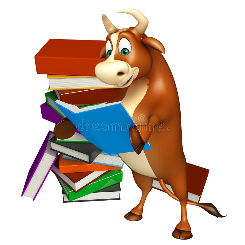 Cute Bull Cartoon Character with Book Stack Stock Illustration ...