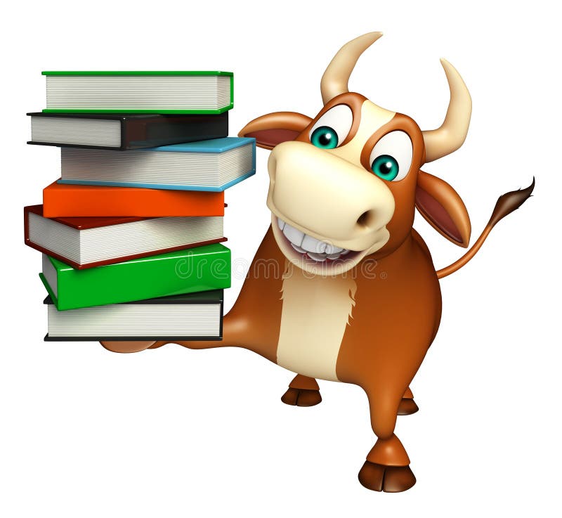 Cute Bull Cartoon Character with Book Stack Stock Illustration ...