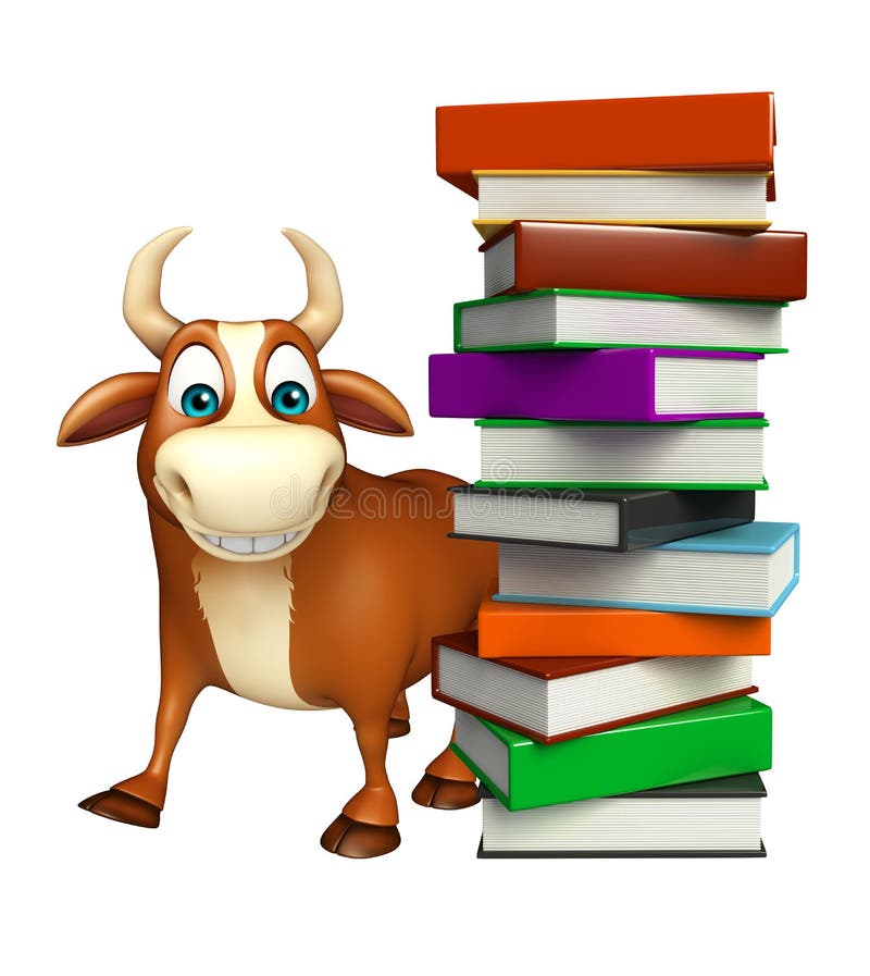 Cute Bull Cartoon Character with Book Stack Stock Illustration ...