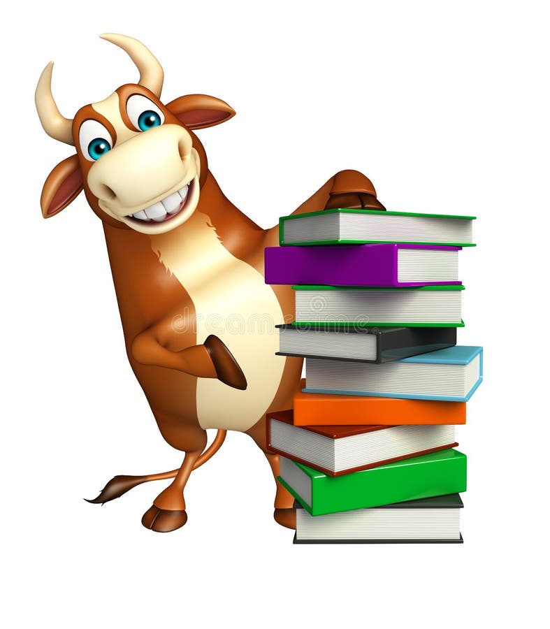 Cute Bull Cartoon Character with Book Stack Stock Illustration ...
