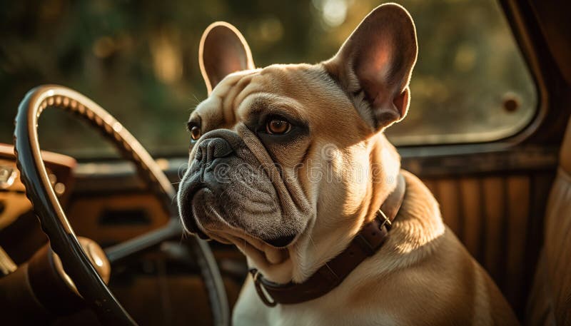 Cute Bulldog Puppy Sitting in Car, Outdoors Generated by AI Stock ...