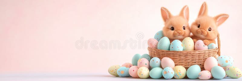 Cute Bunnies in Basket with Colorful Easter Eggs on Pastel Background ...