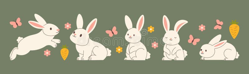 Cute Bunnies, Easter Rabbits, Spring Flowers and Butterflies. Vector ...
