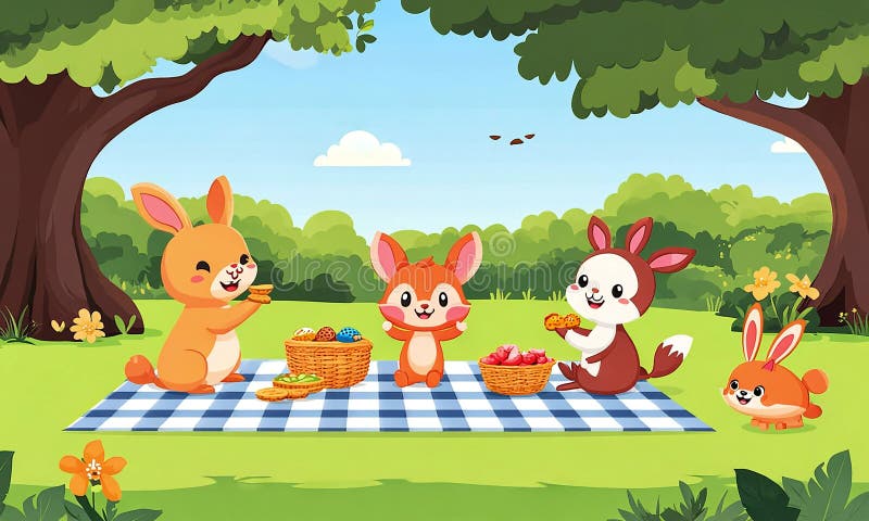 Cute Bunnies Enjoying an Easter Picnic Under Trees Stock Footage ...