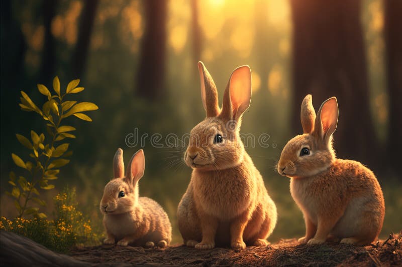 Cute Bunnies Family in a Forest. Generative AI Stock Illustration ...