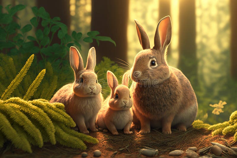 Cute Bunnies Family in a Forest. Generative AI Stock Illustration ...