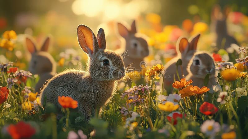 Cute Bunnies in a Field of Flowers Stock Illustration - Illustration of ...