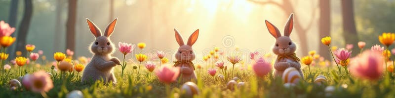 Cute Bunnies in Flower Field during Sunrise with Colorful Eggs and ...