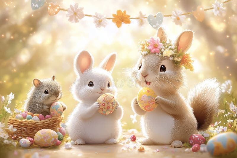 Cute Bunnies Joyfully Decorating Eggs Surrounded by Flowers and Bright ...