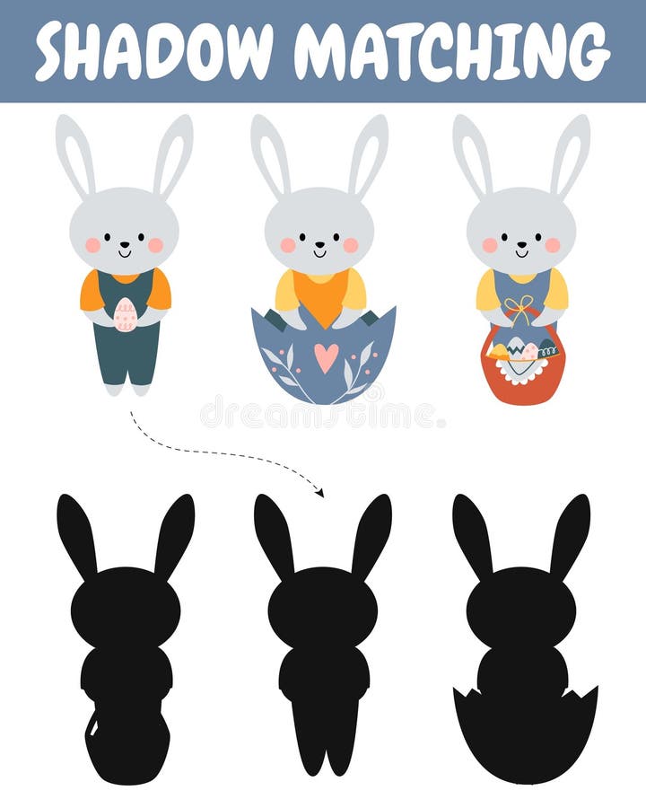 Cute Bunnies, Rabbits Shadow Matching Activity for Children. Happy ...