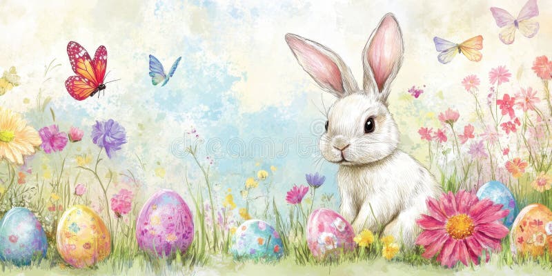 Cute Bunny Amidst Colorful Easter Eggs and Butterflies in a Spring ...