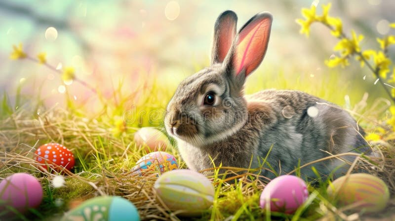 Cute Bunny Amidst Colorful Easter Eggs and Spring Flowers. Stock Image ...