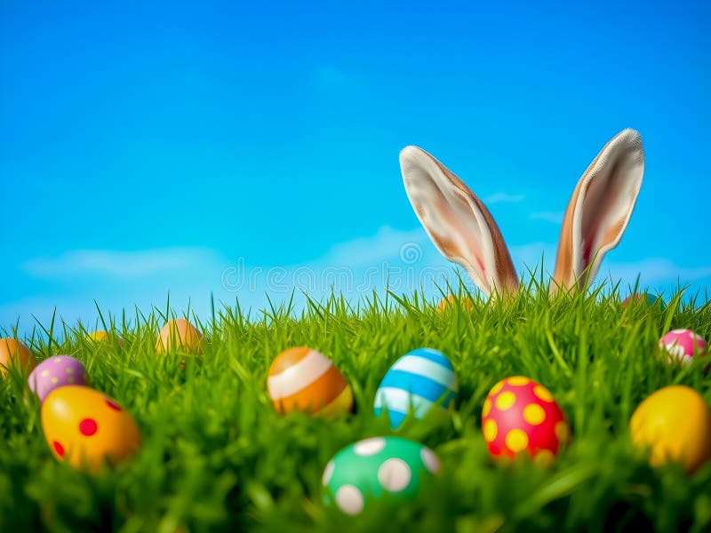 A Cute Bunny Amidst Colorful Eggs in a Green Spring Meadow Celebrates ...