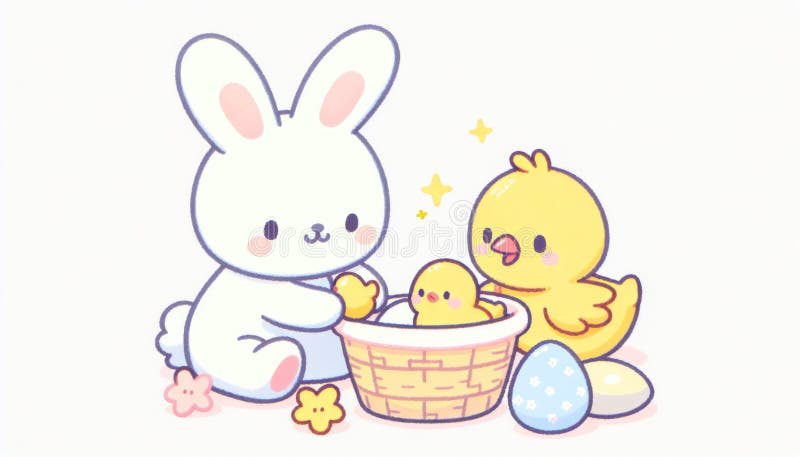 Cute Bunny and Baby Chick with Easter Eggs Stock Illustration ...