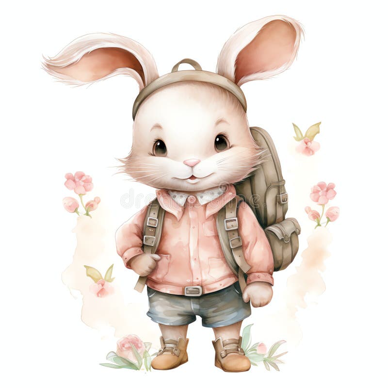 Cute Bunny with Backpack Watercolor Illustration Stock Illustration ...