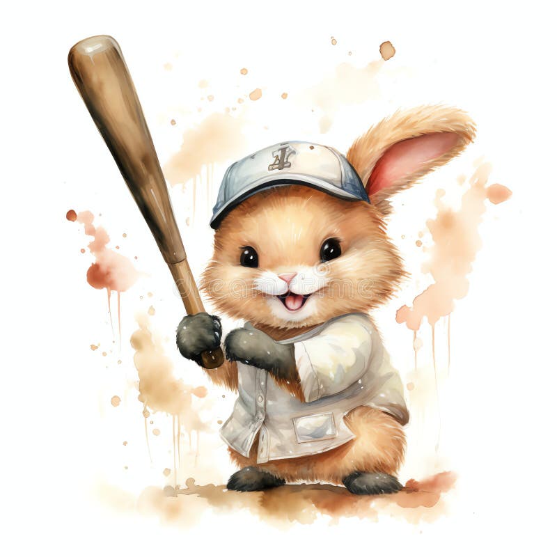 Cute Bunny with Baseball Bat Watercolor Illustration Stock Illustration ...