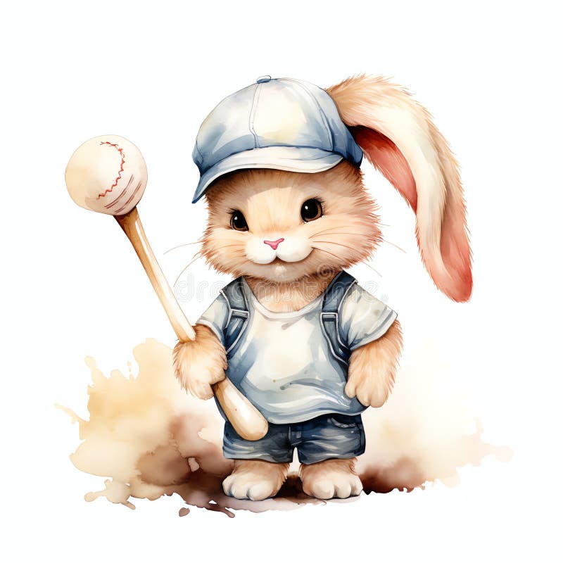 Cute Bunny with Baseball Cap Watercolor Illustration Stock Illustration ...