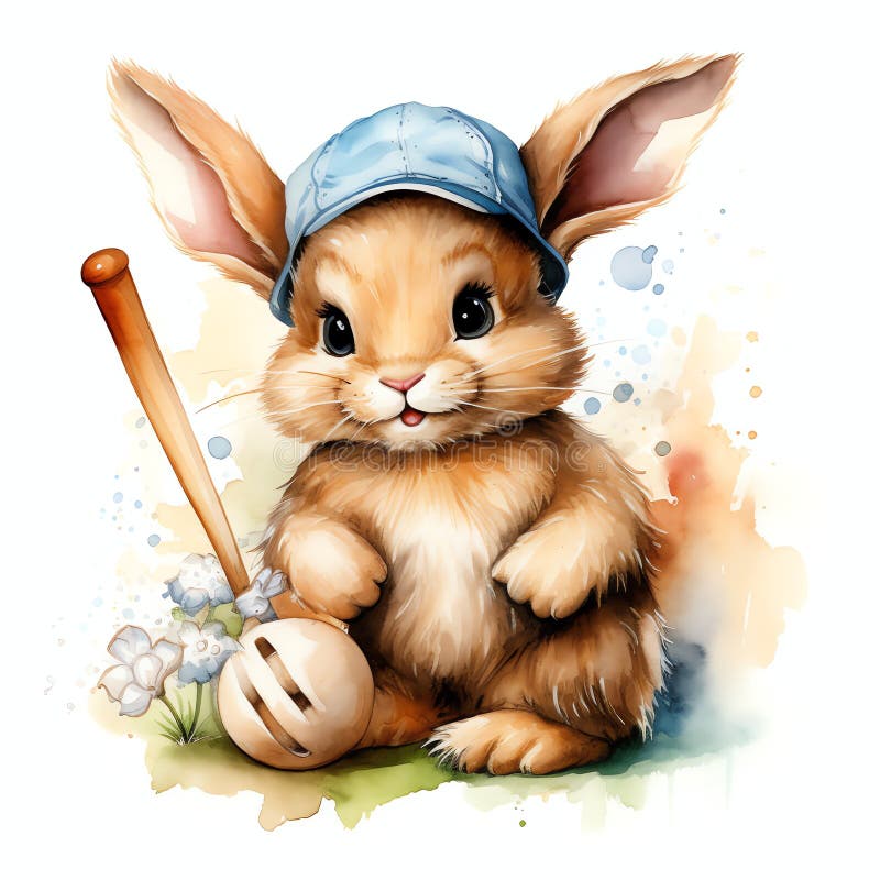 Cute Bunny with Baseball Glove Watercolor Illustration Stock ...