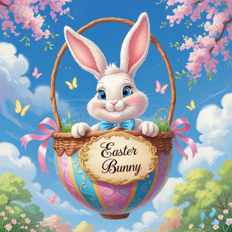 Easter Bunny in a Decorated Basket Stock Illustration - Illustration of ...