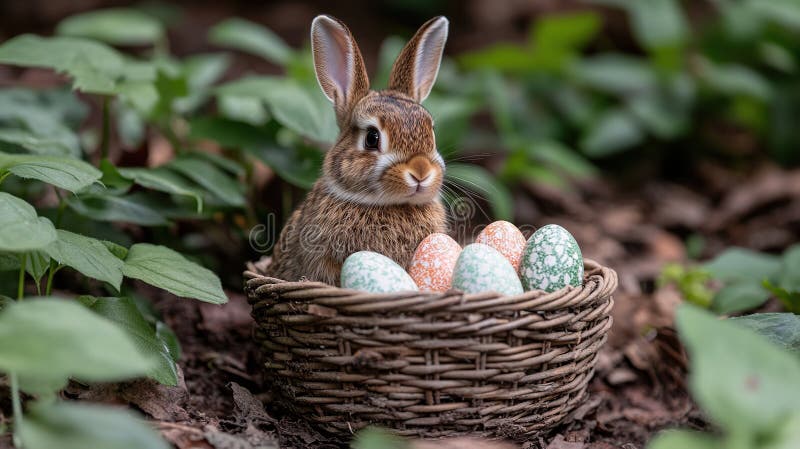 Cute Bunny in a Basket with Easter Eggs Stock Illustration ...