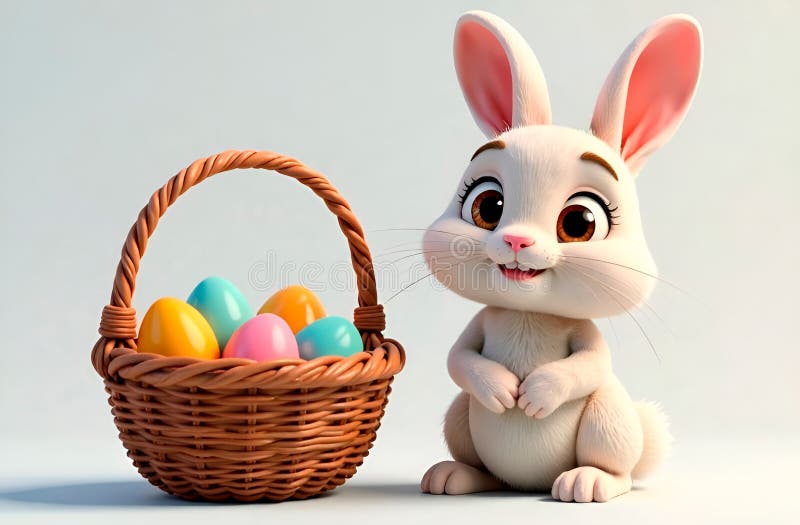 Cute Bunny with Basket of Easter Eggs Stock Photo - Image of white ...