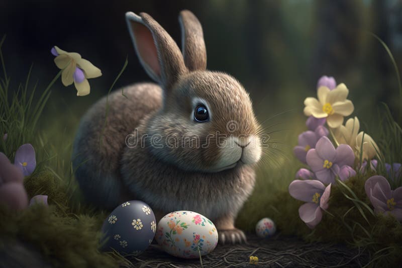 Little Bunny in Basket with Decorated Eggs - Easter Card Stock ...