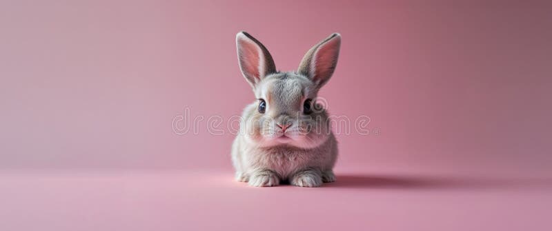 Cute Bunny with Big Eyes Sitting on Pink Background. Stock Image ...
