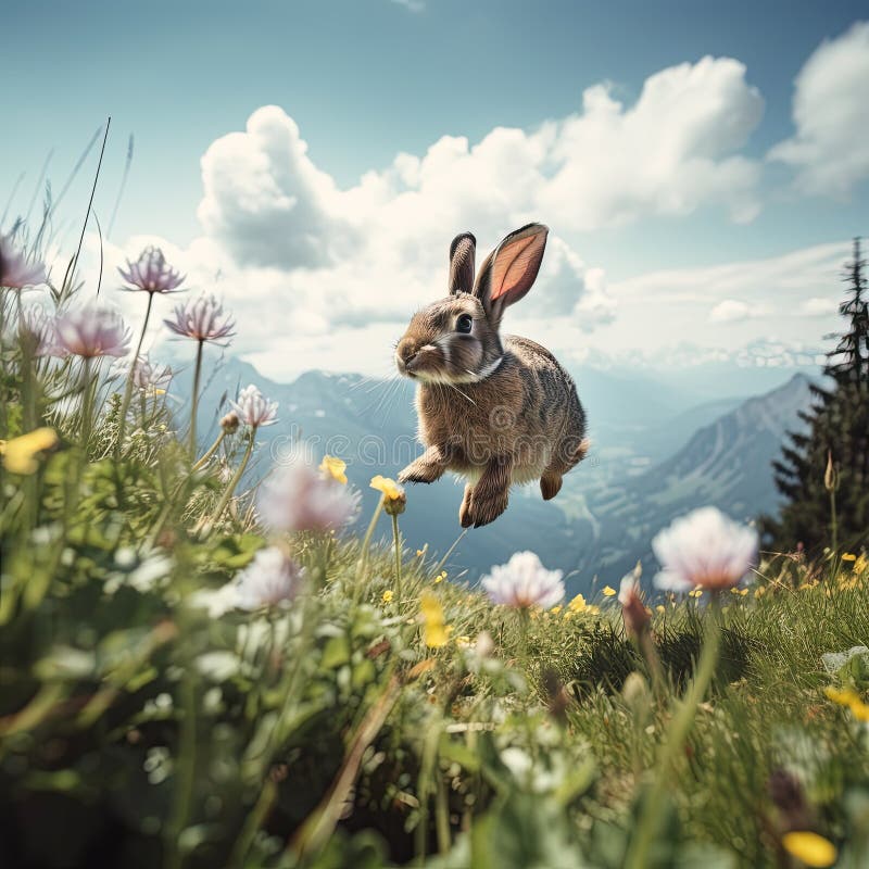 Cute Bunny in a Blooming Spring Meadow in the Mountains. Generative AI ...