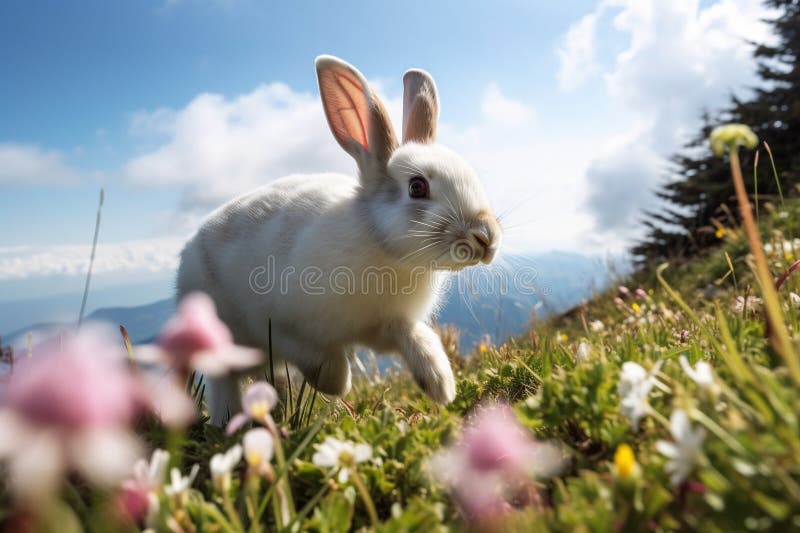 Cute Bunny in a Blooming Spring Meadow in the Mountains. Generative AI ...
