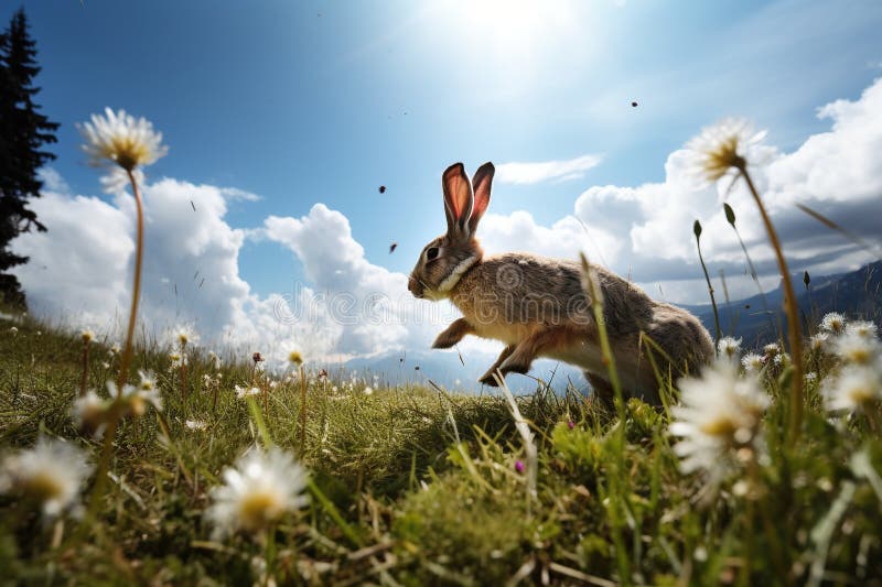 Cute Bunny in a Blooming Spring Meadow in the Mountains. Generative AI ...
