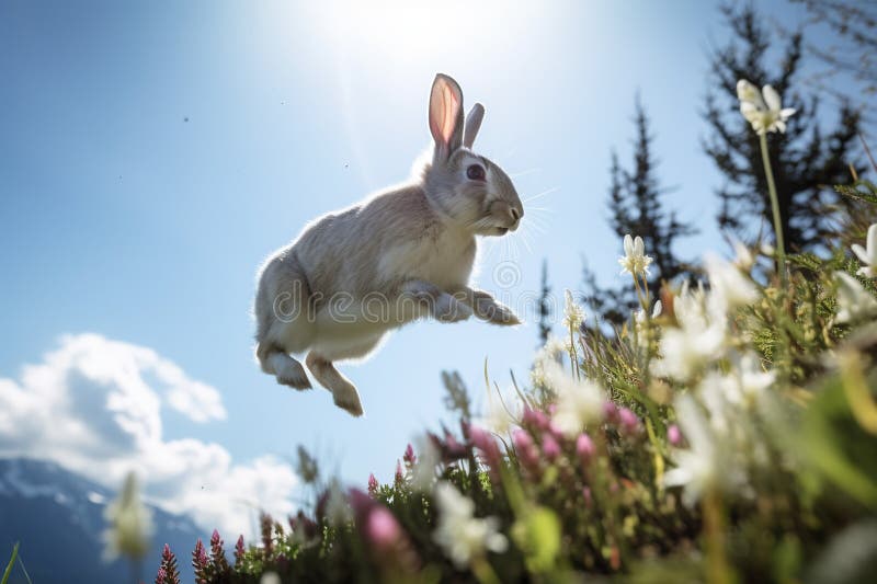 Cute Bunny in a Blooming Spring Meadow in the Mountains. Generative AI ...