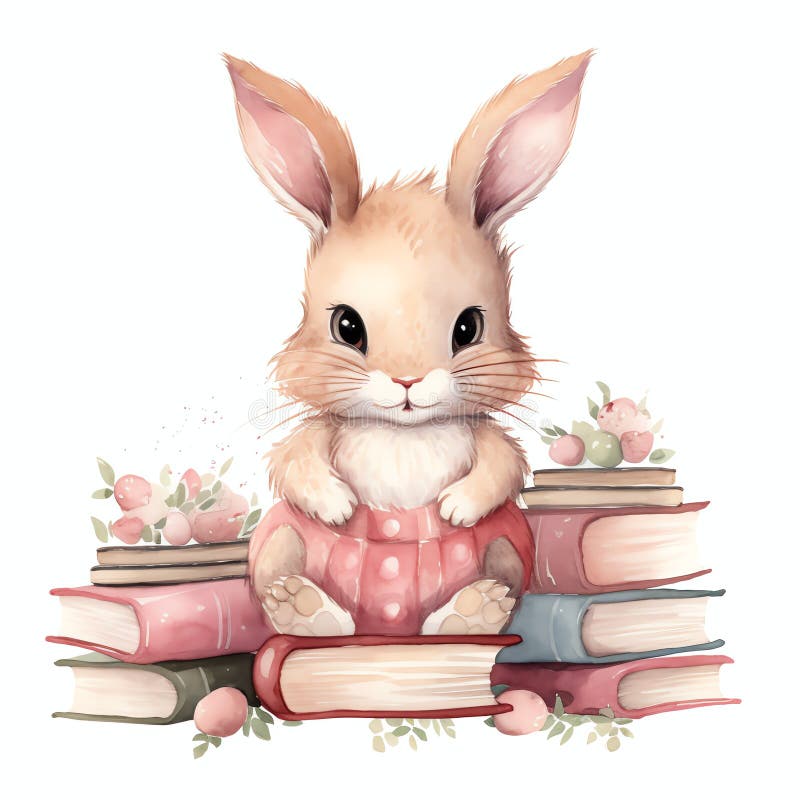 Cute Bunny with Books Watercolor Illustration Stock Illustration ...