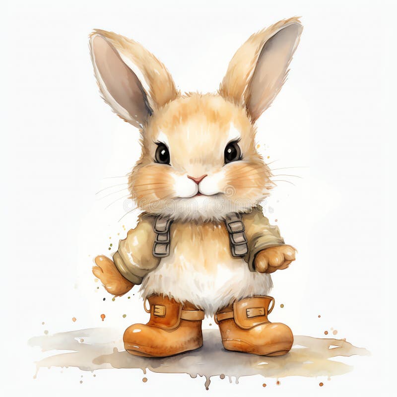Cute Bunny with Boots Watercolor Illustration Stock Illustration ...
