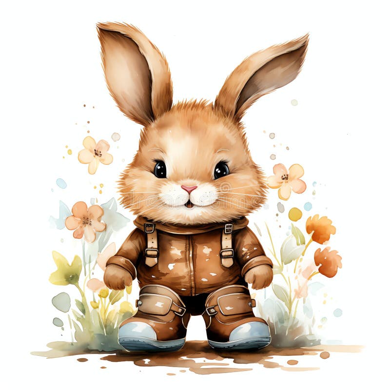 Cute Bunny with Boots Watercolor Illustration Stock Illustration ...