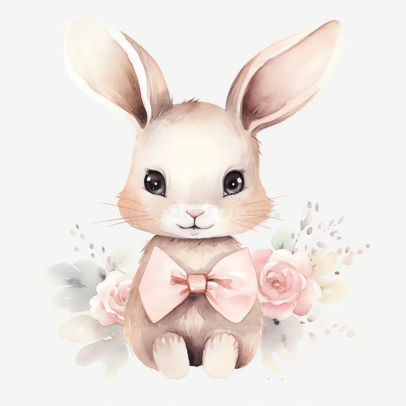 Cute Bunny with Bow Watercolor Illustration Stock Illustration ...
