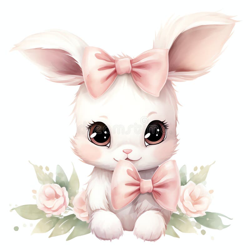 Cute Bunny with Bow Watercolor Illustration Stock Illustration ...