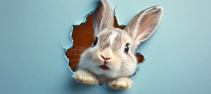 Cute Bunny Breaking through Adorable Rabbit Peeking through Torn Paper ...