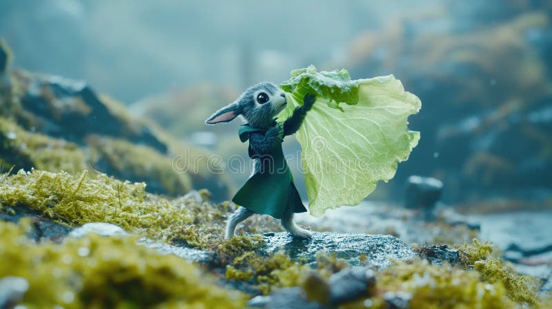 Cute Bunny Carries Lettuce, Misty Forest, Rain Stock Photo - Image of ...