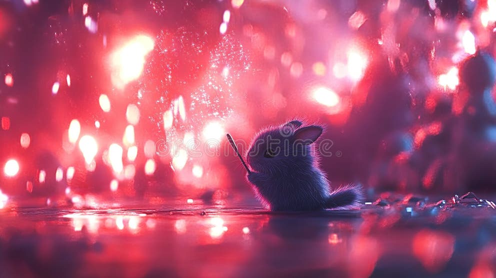 Cute Bunny Casts Magic Spell, Firework Background, Fantasy Art Stock ...