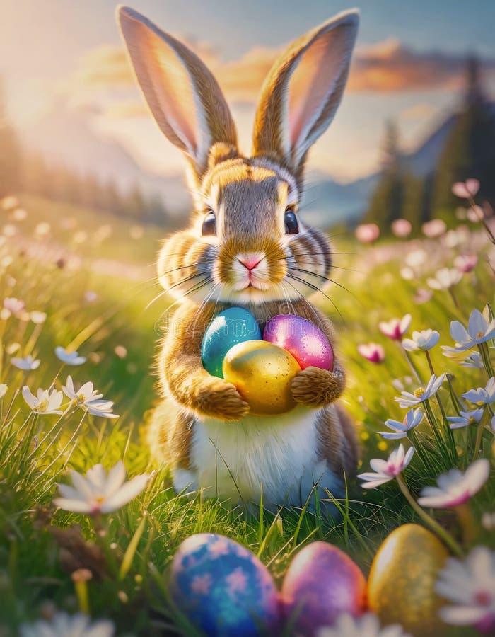 Cute Bunny Character Holding Colorful Easter Eggs among Blooming ...