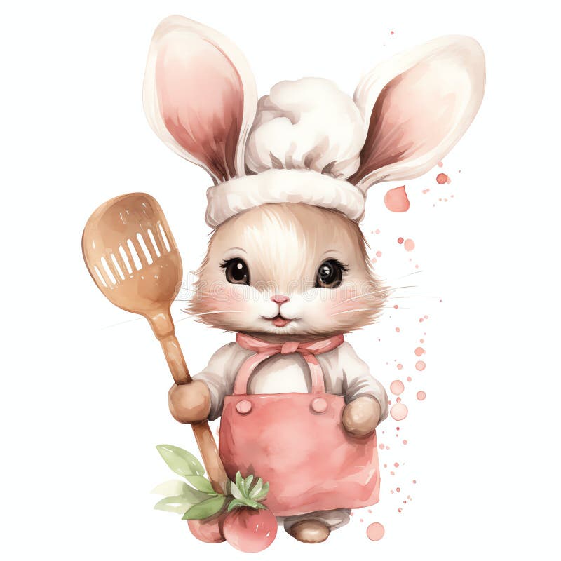 Cute Bunny with Chef Hat and Rolling Pin Watercolor Illustration Stock ...