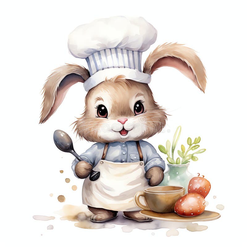 Cute Bunny with Chef Utensils Watercolor Illustration Stock ...