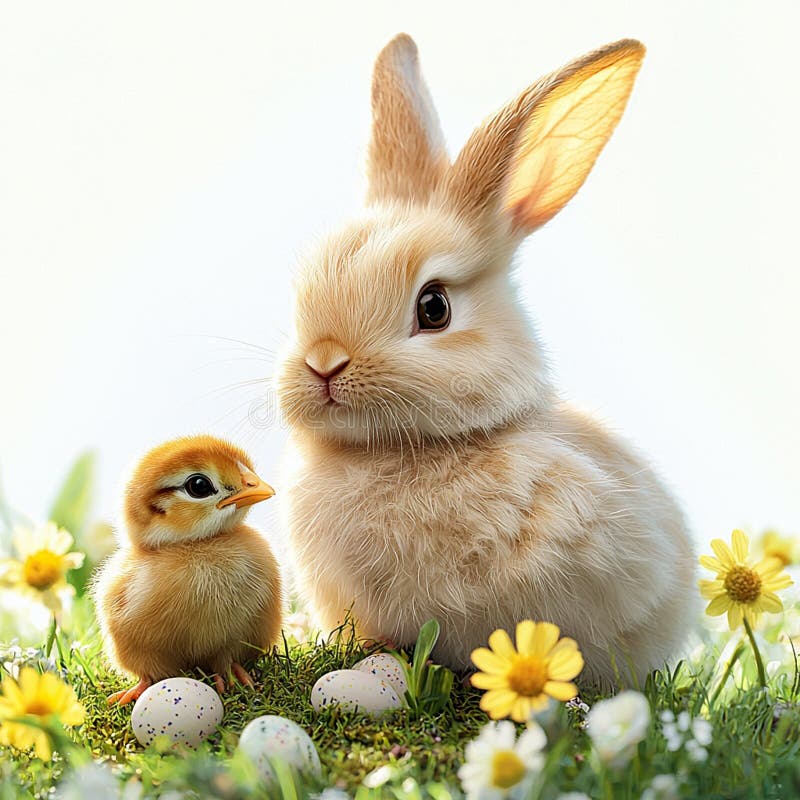 Cute Bunny and Chick Together in Springtime Meadow Easter Day Isolated ...
