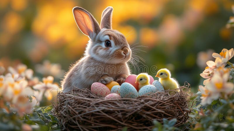 Cute Bunny and Chicks Nesting with Colorful Easter Eggs Stock Image ...