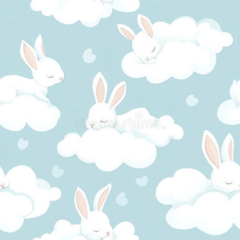 A Cute Bunny-and-cloud Pattern with Fluffy Rabbits Sleeping on Soft ...
