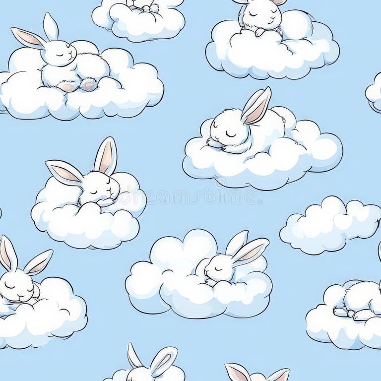 A Cute Bunny-and-cloud Pattern with Fluffy Rabbits Sleeping on Soft ...